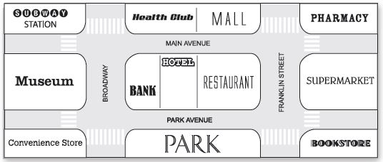 سبورة - Look at the map. Complete the sentences. Use across fro...